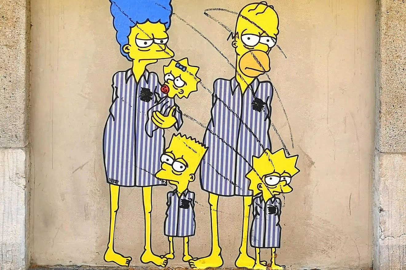 Vandals deface Italian Holocaust mural of ‘Simpsons’ characters wearing ...