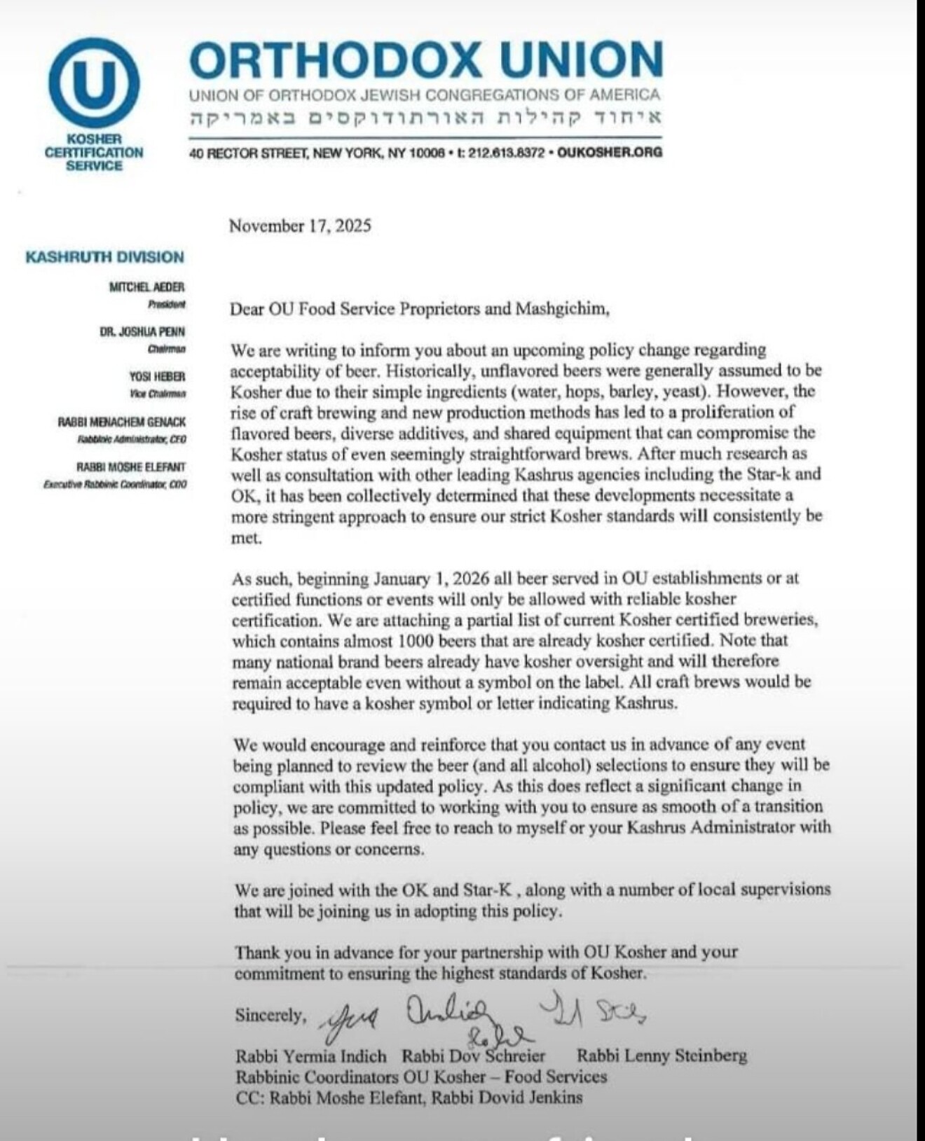 Starting in 2026, OU says only certified kosher beers at its venues ...